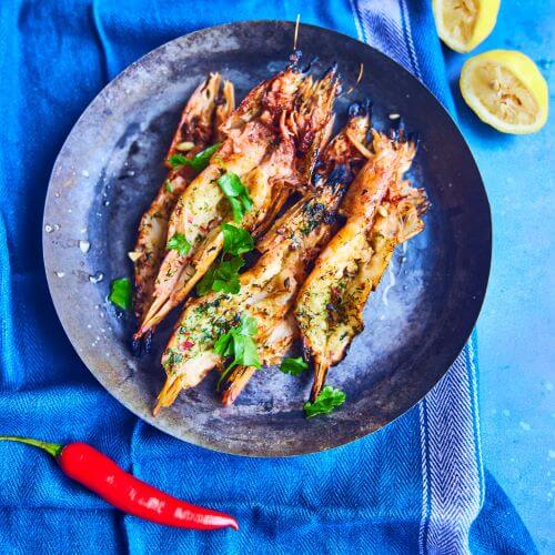 Butterflied prawns with garlic, chilli and herb butter | Marine ...